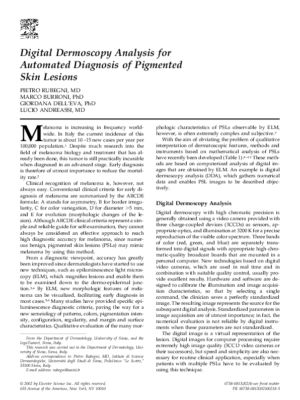 (PDF) Digital dermoscopy analysis for automated diagnosis of pigmented ...
