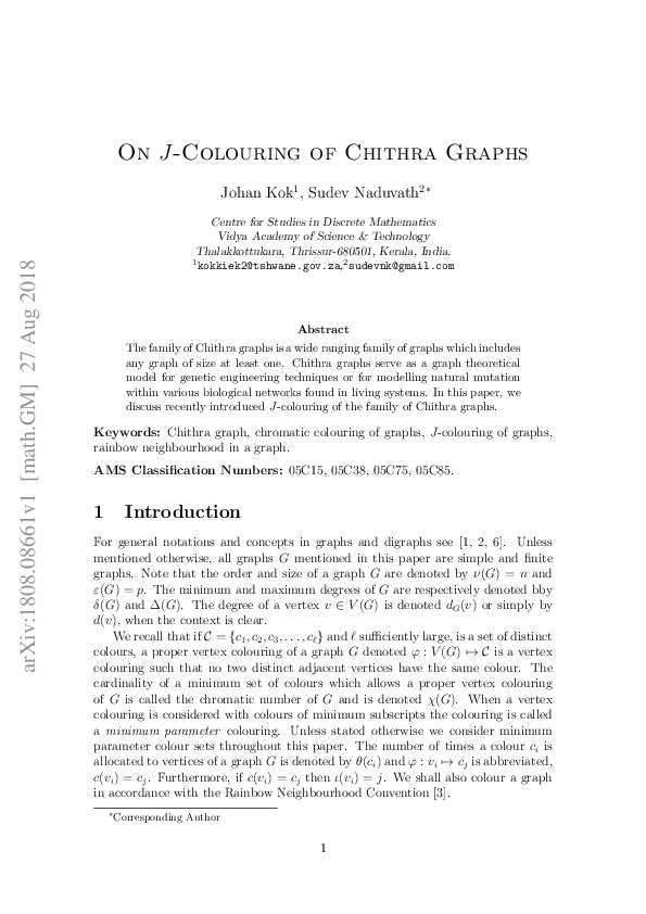 (PDF) On $J$-Colouring of Chithra Graphs