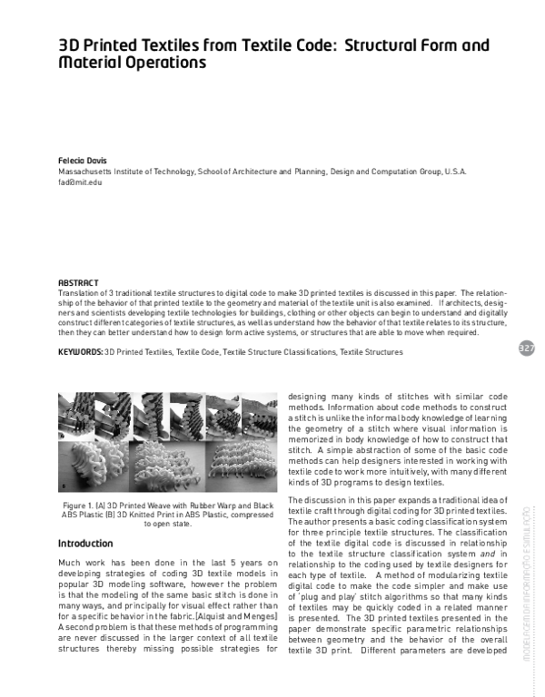 (PDF) 3D Printed Textiles from Textile Code: Structural Form and ...
