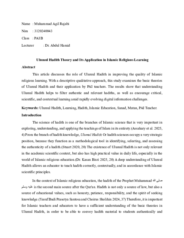 (PDF) ULUMUL HADITH THEORY AND ITS APPLICATION IN ISLAMIC RELIGIOUS ...