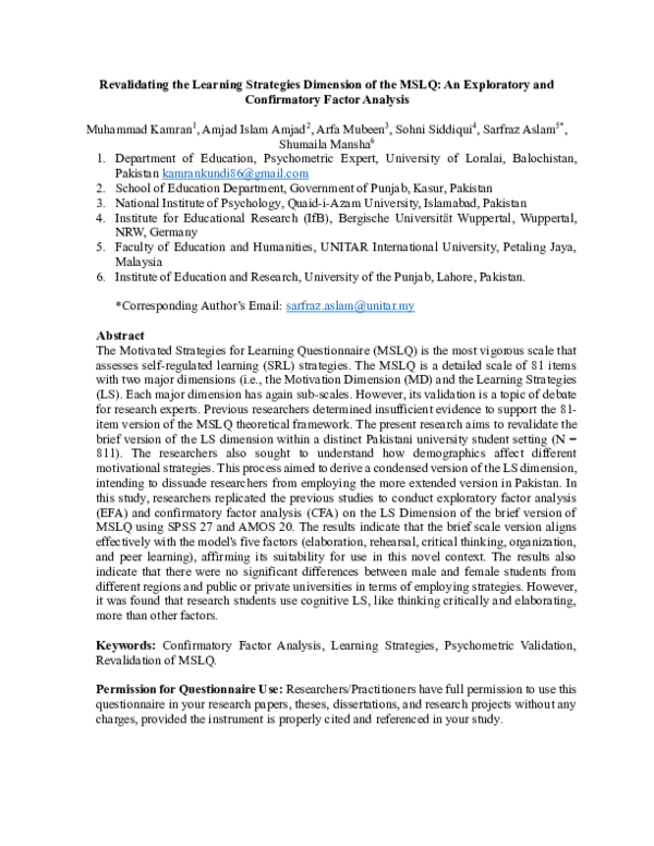 (PDF) Learning Strategies Dimension of the MSLQ Questionnaire: A tool ...
