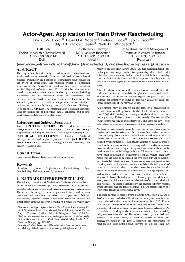 (PDF) Actor-agent application for train driver rescheduling