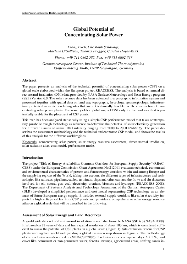(PDF) Global potential of concentrating solar power