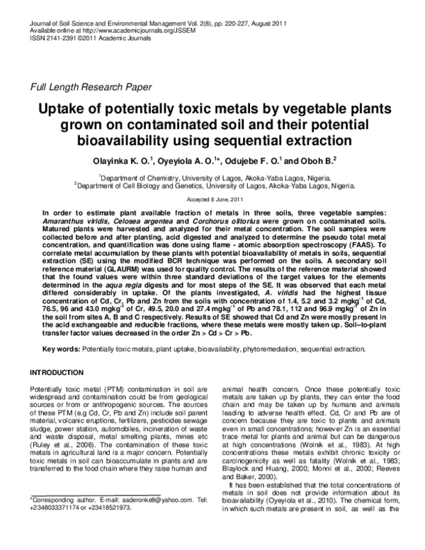 (PDF) Uptake of potentially toxic metals by vegetable plants grown on ...