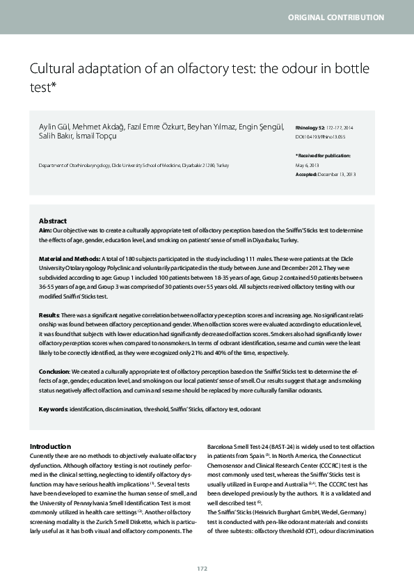 (PDF) Cultural adaptation of an olfactory test: the odour in a bottle test