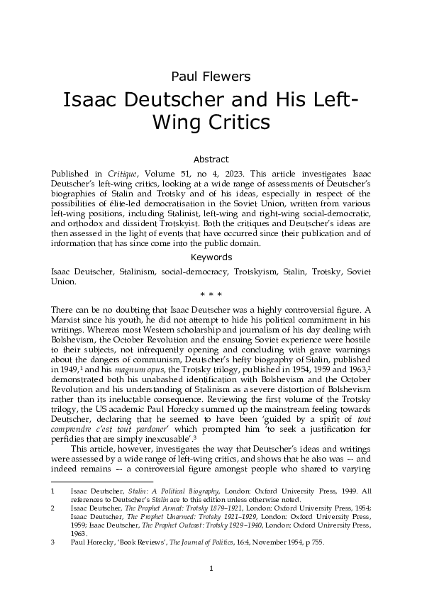 (PDF) Isaac Deutscher and His Left-Wing Critics