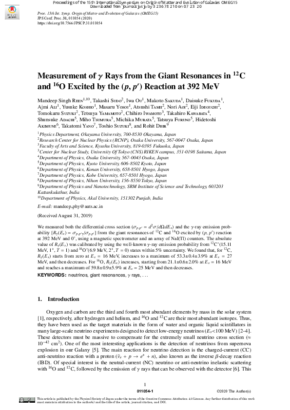 (PDF) Measurement of γ Rays from the Giant Resonances in 12C and 16O ...
