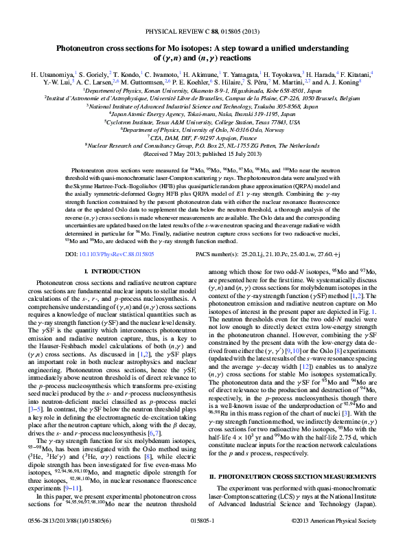 (PDF) Photoneutron cross sections for Mo isotopes: A step toward a ...