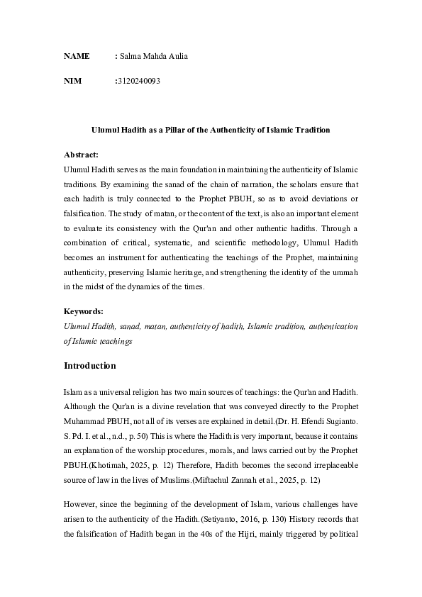 (PDF) Ulumul Hadith as a Pillar of the Authenticity of Islamic Tradition