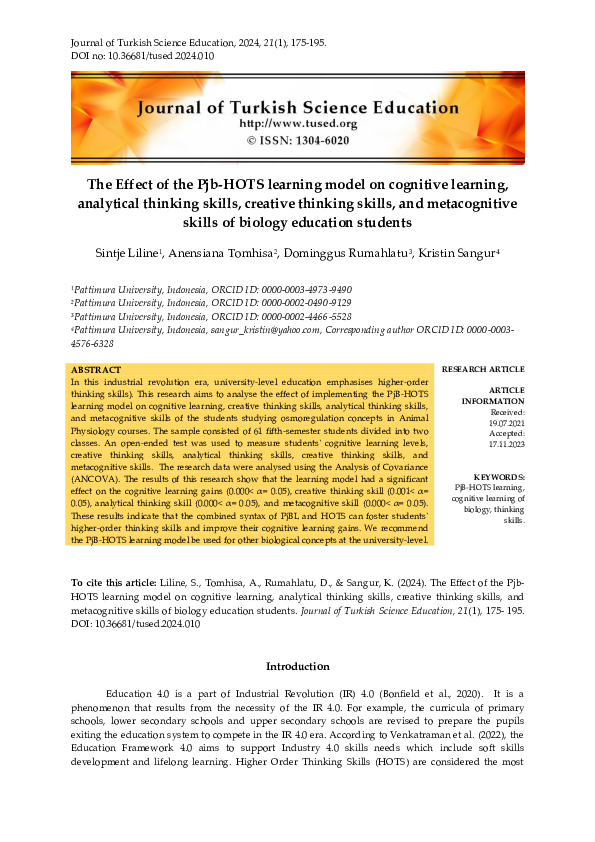 (PDF) The Effect of the Pjb-HOTS learning model on cognitive learning ...