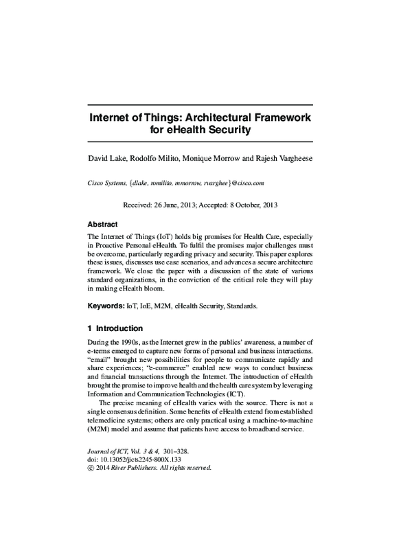 (PDF) Internet of Things: Architectural Framework for eHealth Security