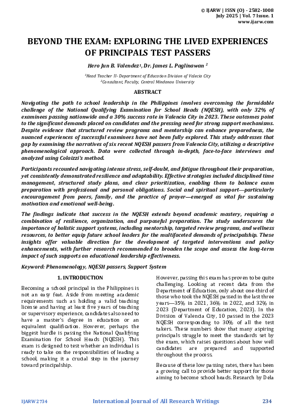 (PDF) BEYOND THE EXAM: EXPLORING THE LIVED EXPERIENCES OF PRINCIPALS ...