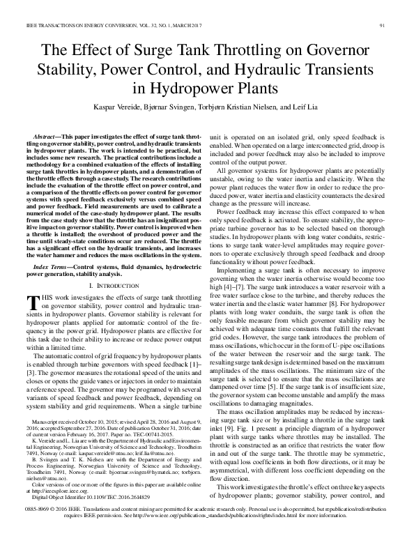 (PDF) The Effect of Surge Tank Throttling on Governor Stability, Power ...