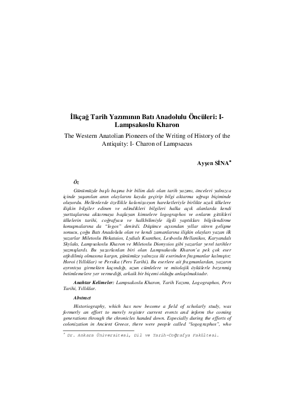 (PDF) İlk Çağ Tarih Yazımının Batı Anadolu Öncüleri; I-Lampskoslu ...
