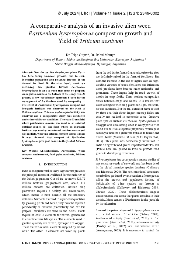 (PDF) A comparative analysis of an invasive alien weed Parthenium ...