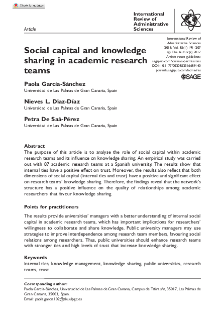 (PDF) Social capital and knowledge sharing in academic research teams