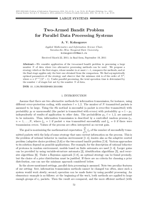 (PDF) Two-armed bandit problem for parallel data processing systems