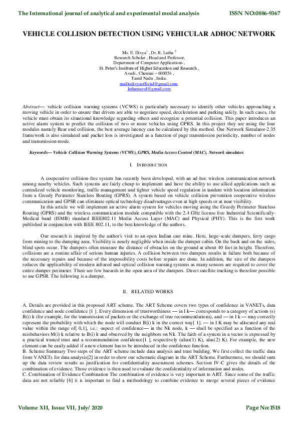 (PDF) VEHICLE COLLISION DETECTION USING VEHICULAR ADHOC NETWORK