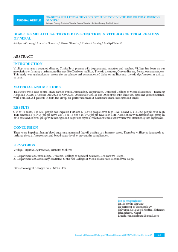 (PDF) Diabetes Mellitus & Thyroid Dysfunction in Vitiligo of Terai ...