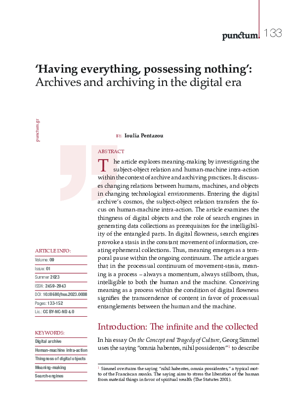(PDF) ‘Having everything, possessing nothing’: archives and archiving in the digital era