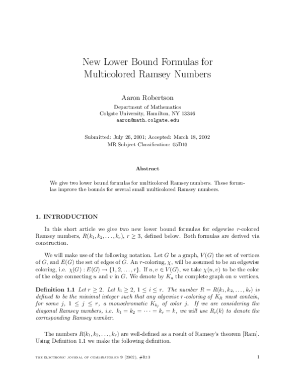 (PDF) New Lower Bound Formulas for Multicolored Ramsey Numbers