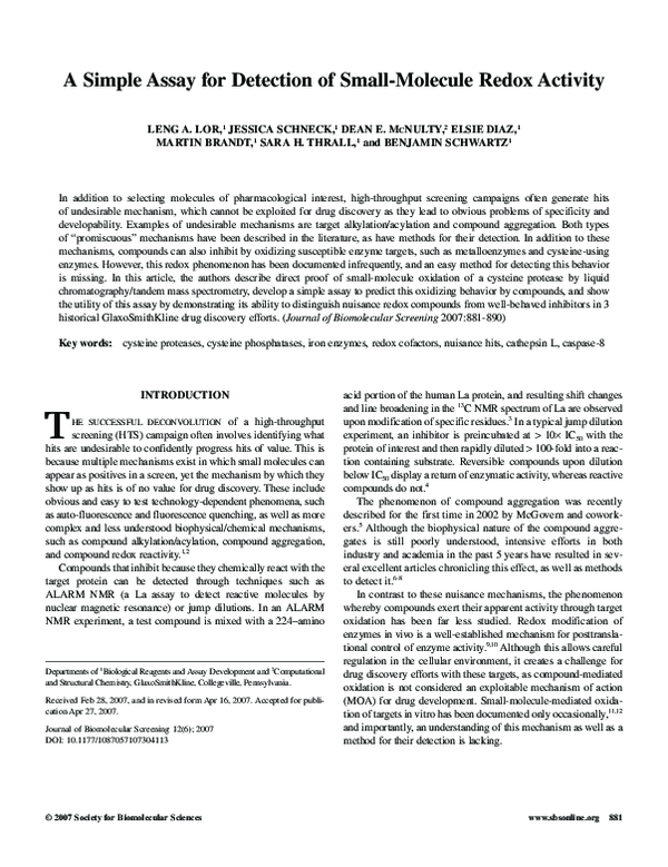(PDF) A Simple Assay for Detection of Small-Molecule Redox Activity