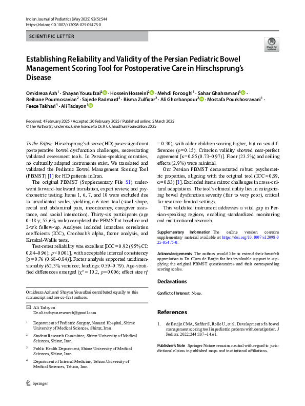 (PDF) Establishing Reliability and Validity of the Persian Pediatric ...