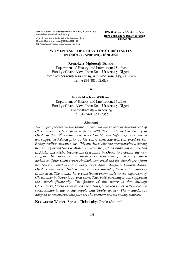 (PDF) WOMEN AND THE SPREAD OF CHRISTIANITY IN OBOLO (ANDONI), 1870-2020