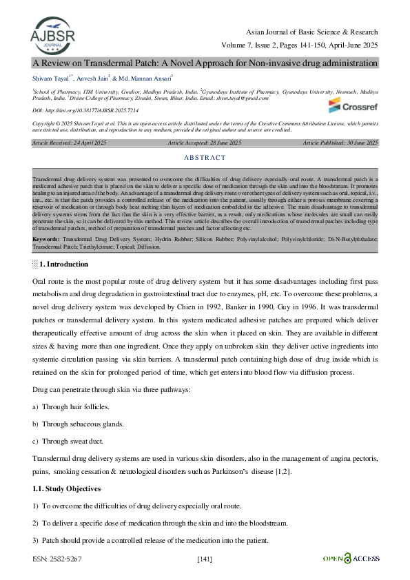 (PDF) A Review on Transdermal Patch: A Novel Approach for Non-invasive ...