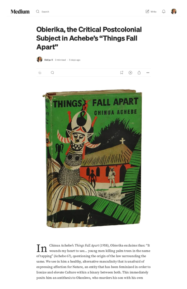 (PDF) Obierika, the Critical Postcolonial Subject in Achebe’s “Things ...