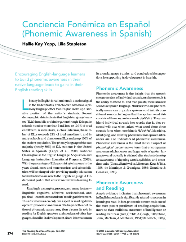 (PDF) Conciencia Fonémica en Español (Phonemic Awareness in Spanish)