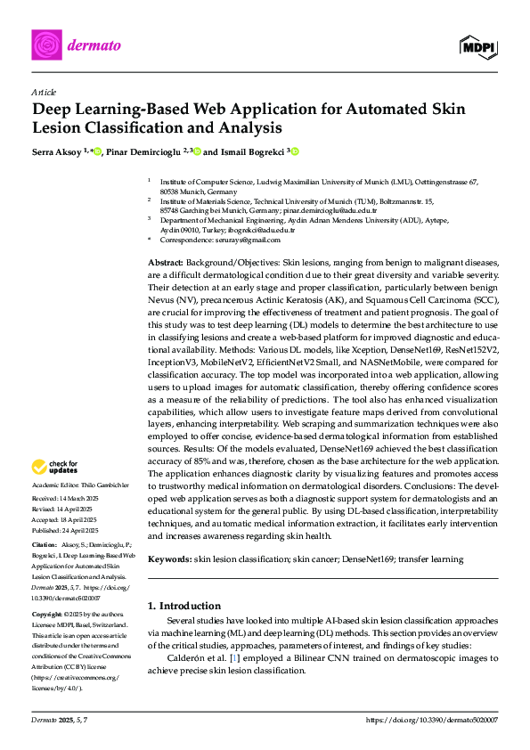 (PDF) Deep Learning-Based Web Application for Automated Skin Lesion Classification and Analysis
