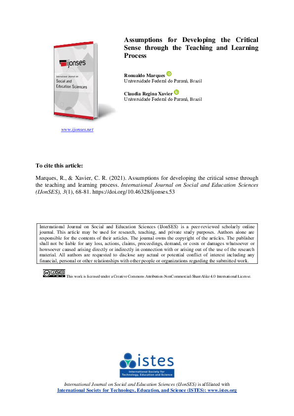 (PDF) Assumptions for Developing the Critical Sense through the ...