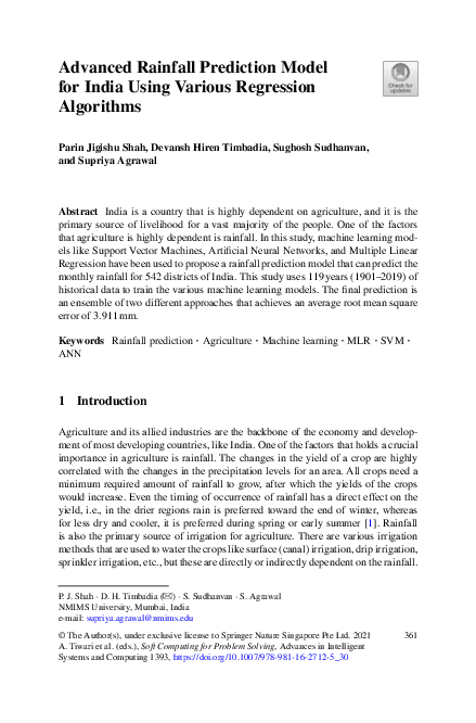 (PDF) Advanced Rainfall Prediction Model for India Using Various Regression Algorithms