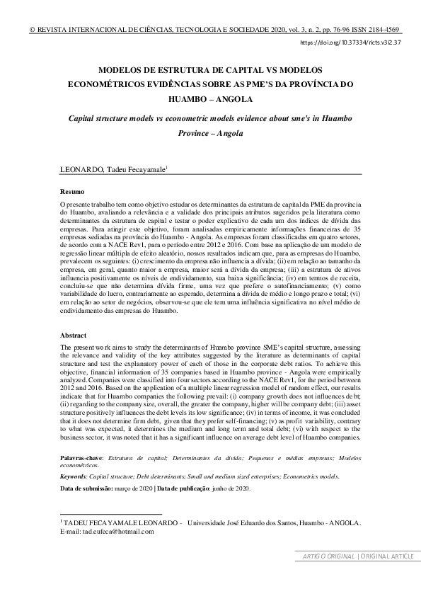 (PDF) Modelos de Estrutura de Capital VS Modelos Econométricos ...