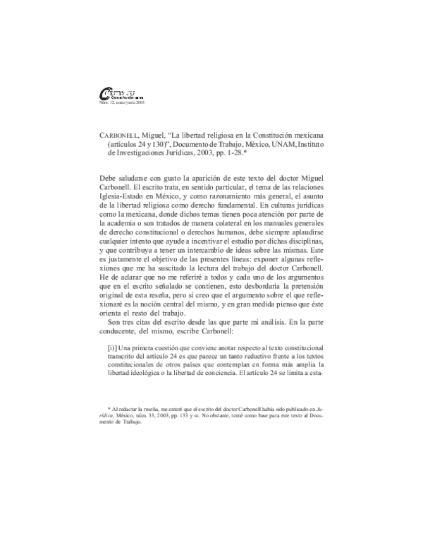 (PDF) Carbonell, Miguel, "La libertad religiosa en la Constitución ...