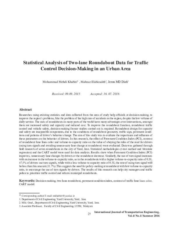 (PDF) Statistical Analysis of Two-lane Roundabout Data for Traffic ...