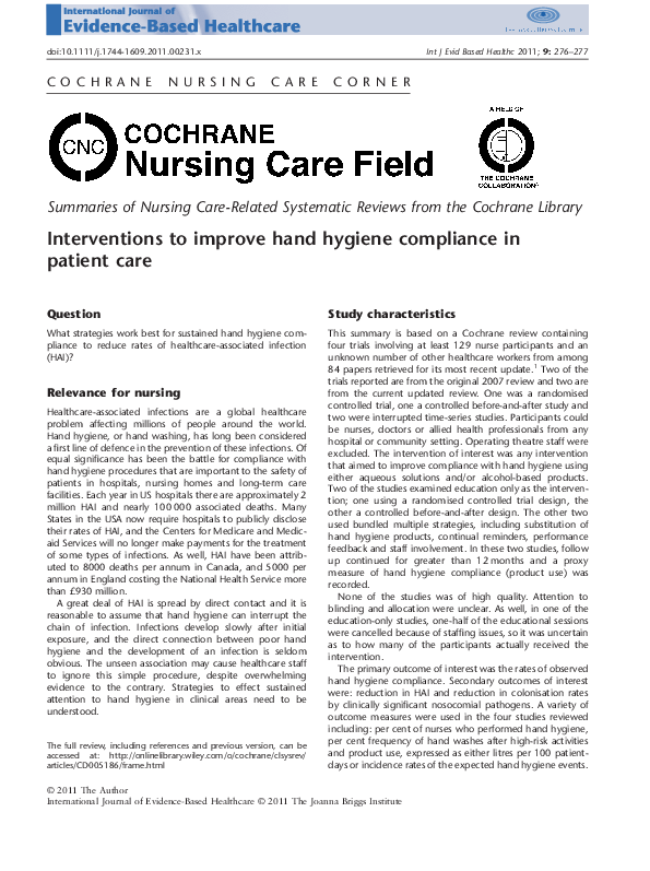 (PDF) Interventions to improve hand hygiene compliance in patient care