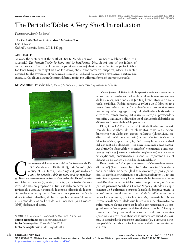 (PDF) The Periodic Table: A Very Short Introduction