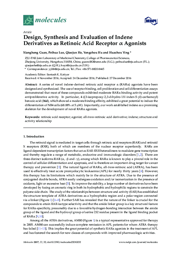 (PDF) Design, Synthesis and Evaluation of Indene Derivatives as ...
