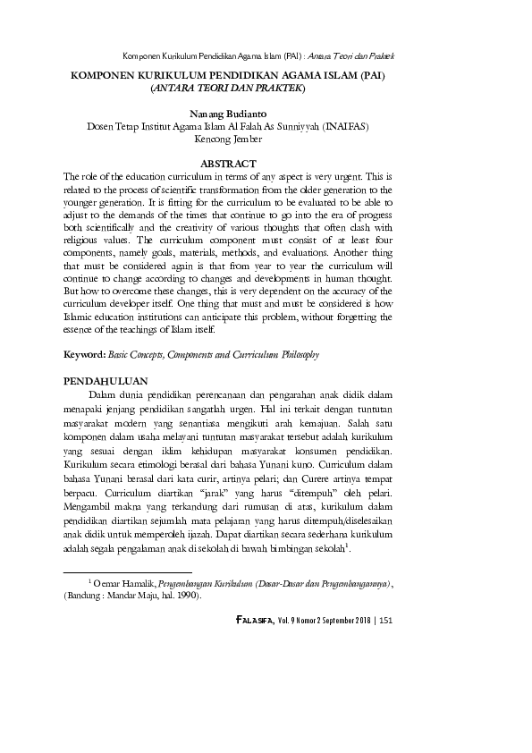(PDF) KOMPONEN KURIKULUM PENDIDIKAN AGAMA ISLAM (PAI) (ANTARA TEORI DAN PRAKTEK