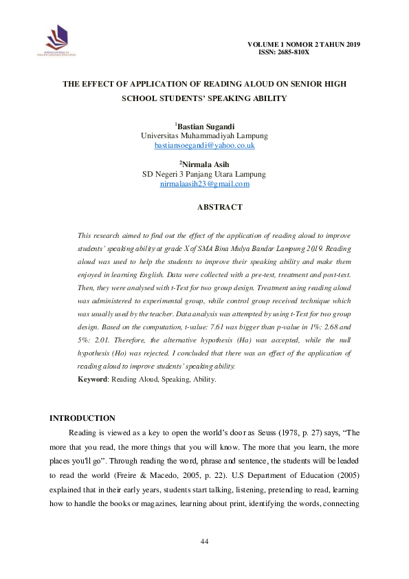 (PDF) The Effect of Application of Reading Aloud on Senior High School ...