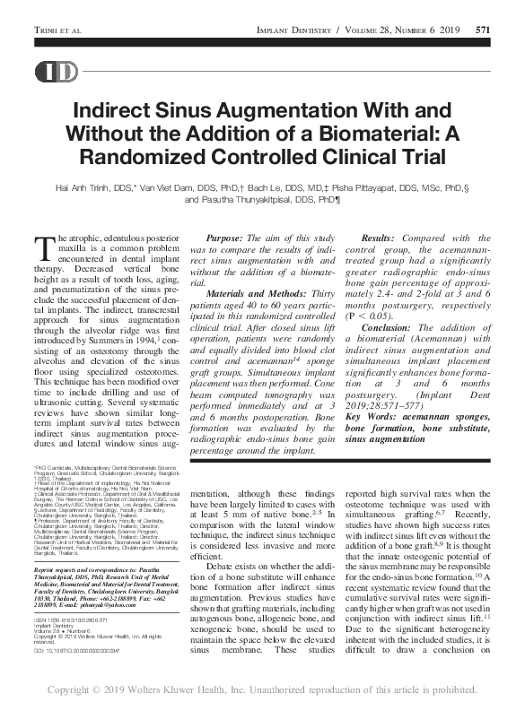 (PDF) Indirect Sinus Augmentation With and Without the Addition of a ...