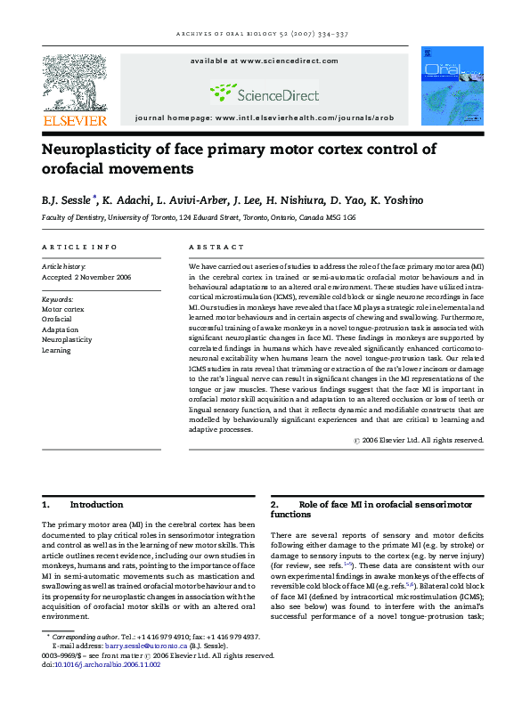 (PDF) Neuroplasticity of face primary motor cortex control of orofacial ...