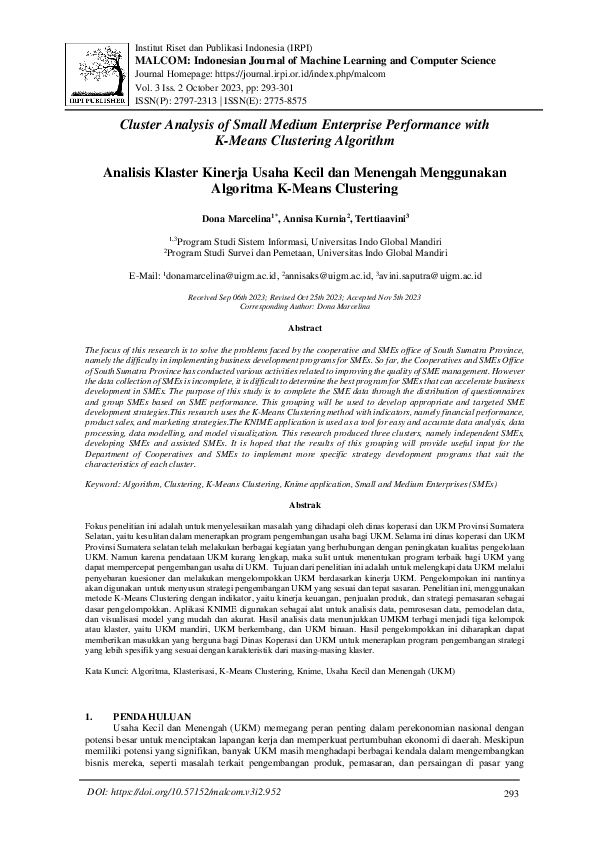 (PDF) Analisis Klaster Kinerja Usaha Kecil dan Menengah Menggunakan Algoritma K-Means Clustering