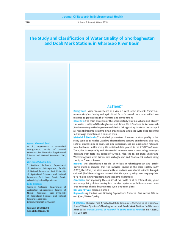 (PDF) The Study and Classification of Water Quality of Ghorbaghestan ...