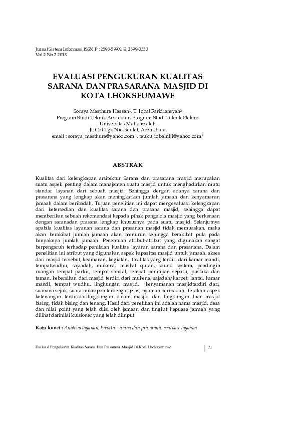 (PDF) Evaluasi Pengukuran Kualitas Sarana Dan Prasarana Masjid DI Kota ...