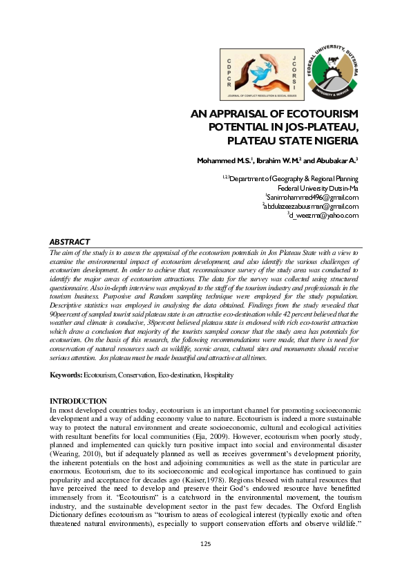 (PDF) An Appraisal of Ecotourism Potential in Jos-Plateau, Plateau ...