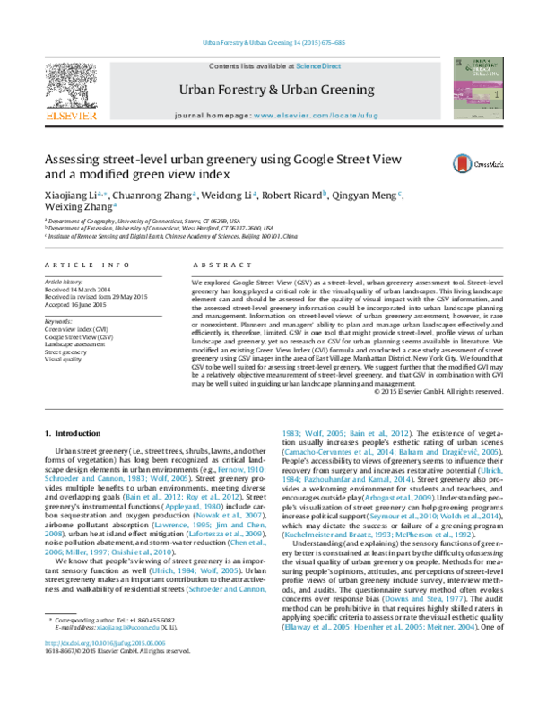 (PDF) Assessing street-level urban greenery using Google Street View and a modified green view index