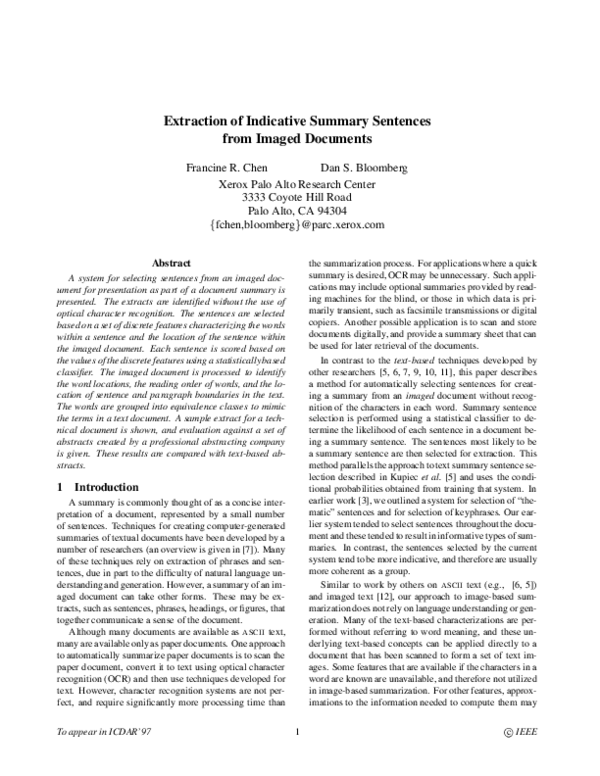 (PDF) Extraction of Indicative Summary Sentences from Imaged Documents